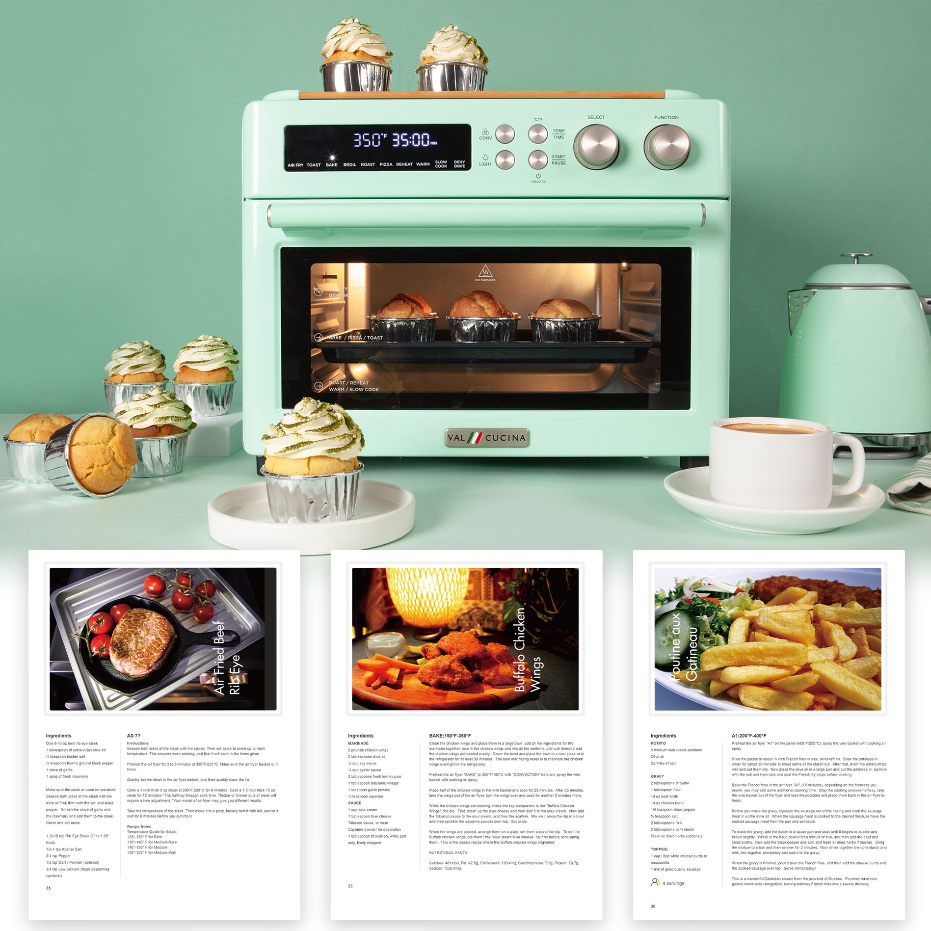 Val Cucina Roma 10-in-1 Retro Green Air Fryer Toaster Oven